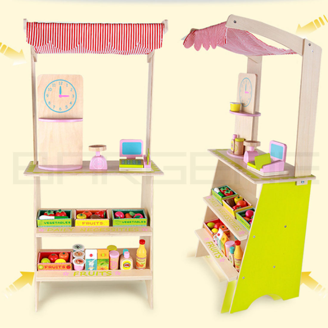 Kids Wooden Marketplace Stand Supermarket Toy Shop Stall Pretend Play w ...